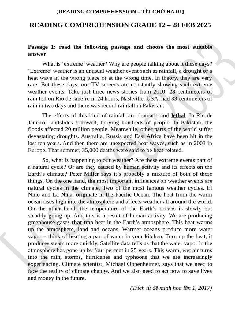 L P 12 - Reading Comprehension - 28 Feb 2025 | PDF | Weather | Atmosphere Of Earth