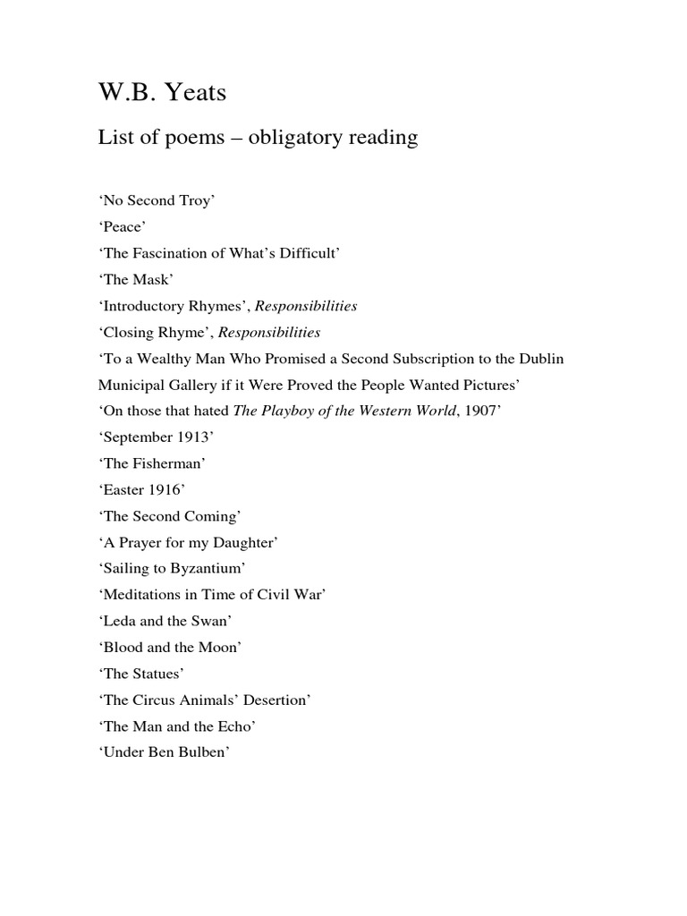 Essential W.B. Yeats Poems List | PDF