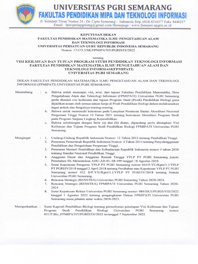 Lampiran SK Visi Keilmuan Dan Tujuan Prodi PTI - Revisi | PDF