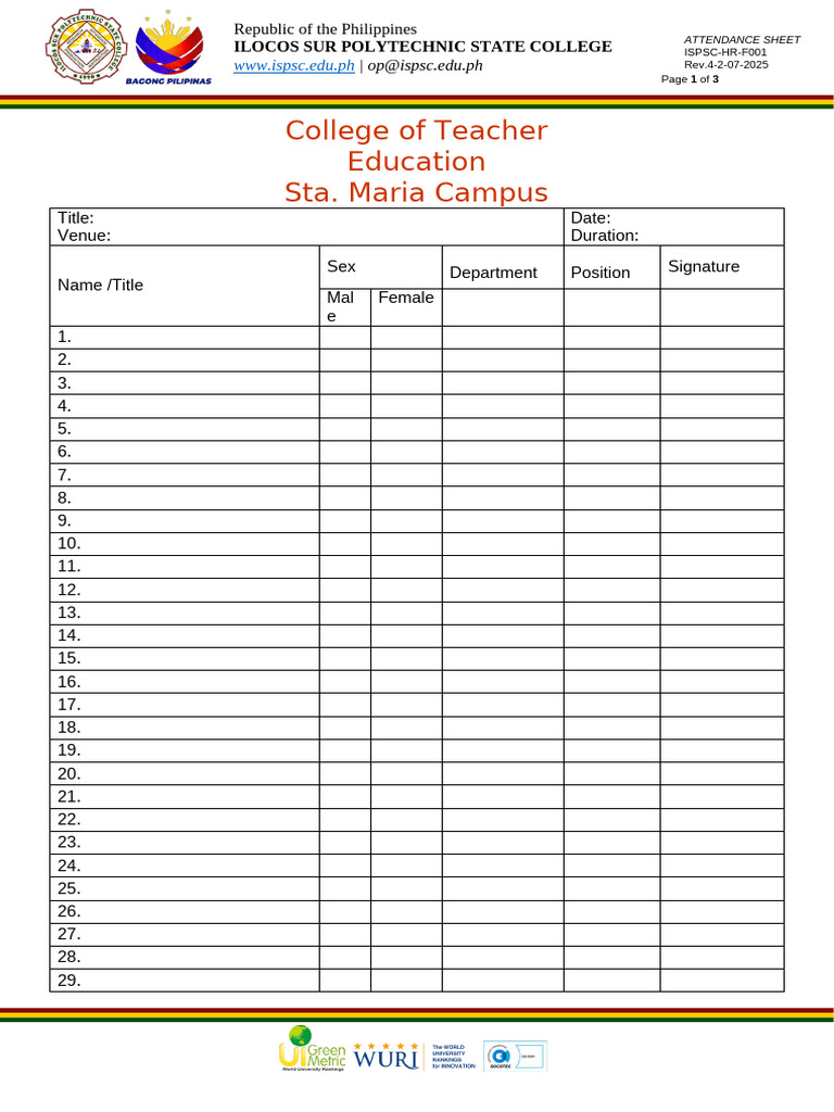 ISPSC Attendance Sheet Template | PDF