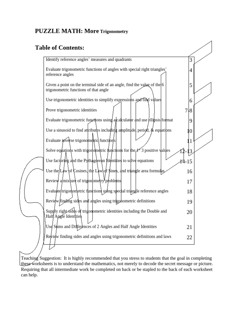 Puzzle Math: More Table of Contents:: Trigonometry | PDF | Trigonometry ...