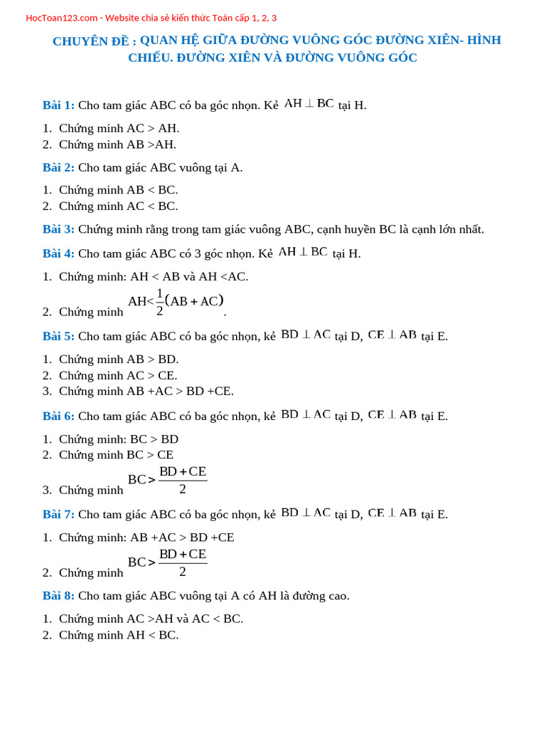Bai Tap Quan He Giua Duong Vuong Goc Duong Xien Hinh Chieu | PDF