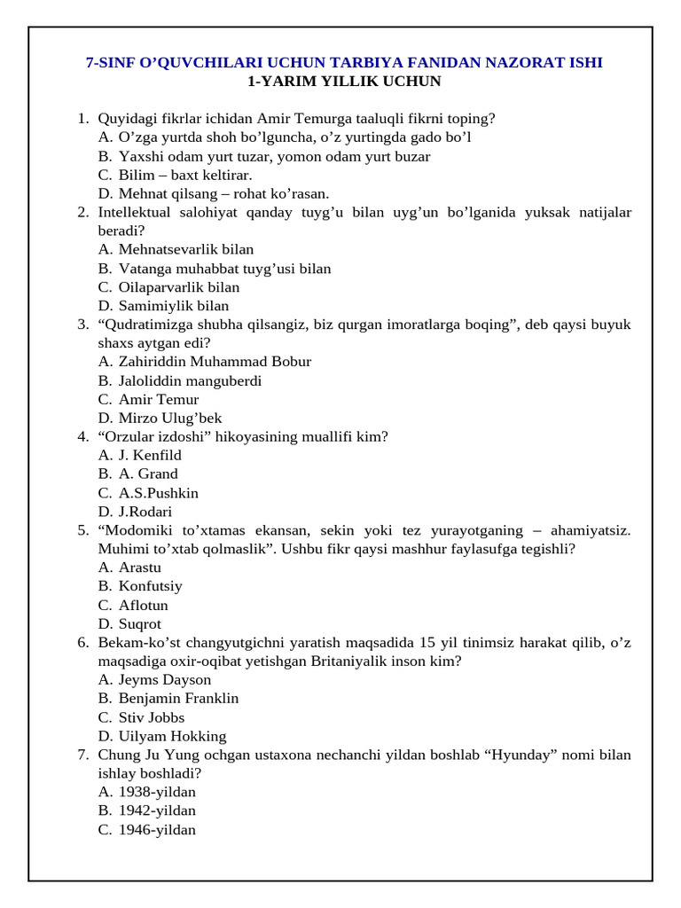7-Sinf Tarbiya 1-Yarim Yillik Nazorat Ishi | PDF