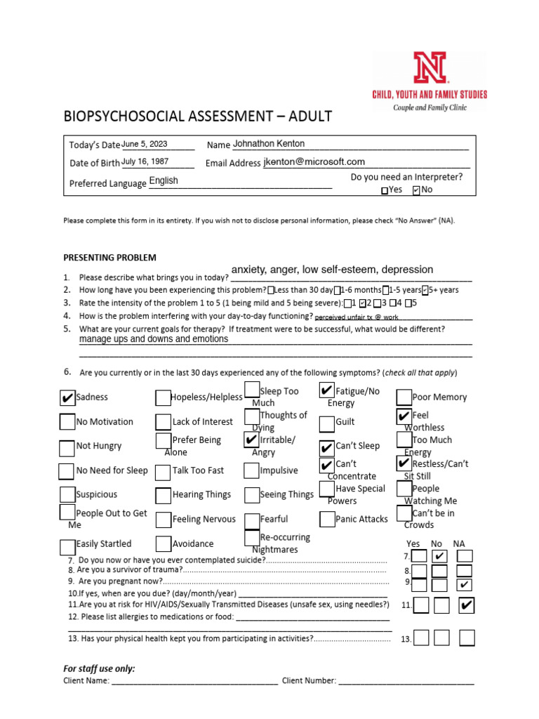 Biopsychosocial Assessment Adult | PDF | Anger | Substance Use Disorder