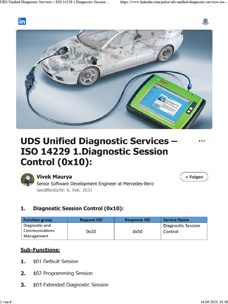 UDS Unified Diagnostic Services - ISO 14229 1.diagnostic Session Control (0x10) | PDF