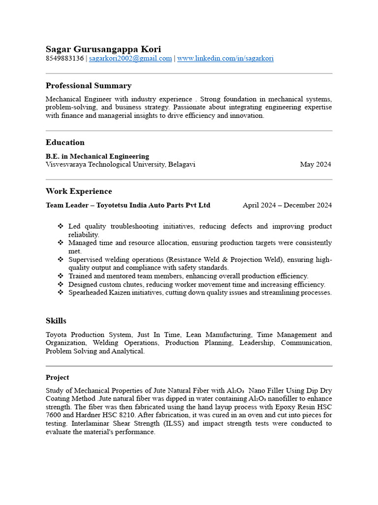 Sagar Kori-Resume Gadag | PDF