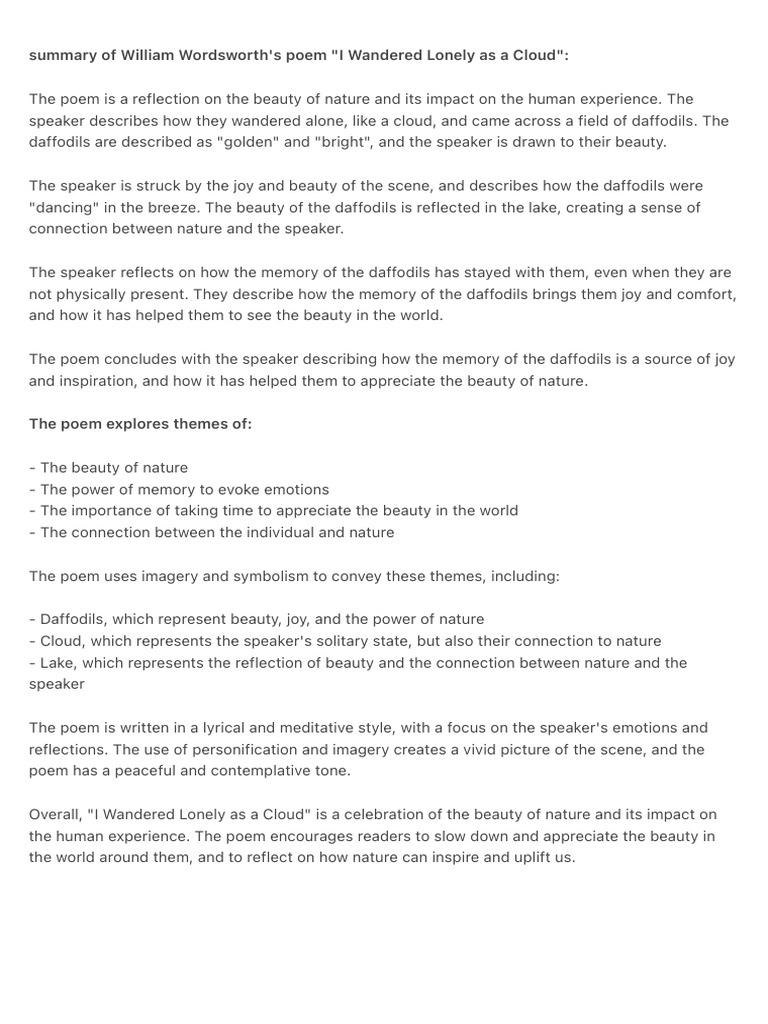 Summary of William Wordsworth's Poem I Wandered Lonely As A Cloud | PDF ...