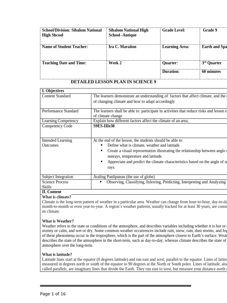 Lesson-Plan-On-Climate (Latitude) | PDF | Tropics | Temperate Climate