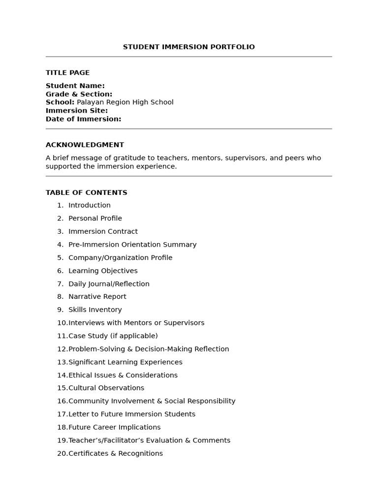 Student Immersion Experience Overview | PDF | Evaluation | Résumé