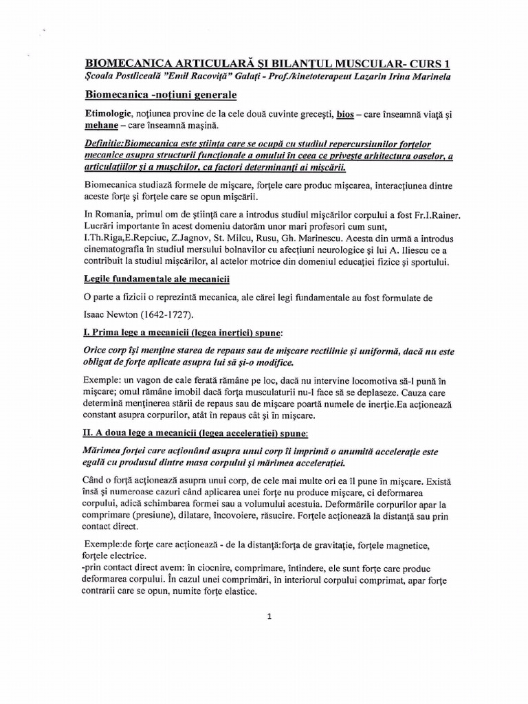 Biomecanica Articulara Si Bilantul Muscular Curs 1 | PDF