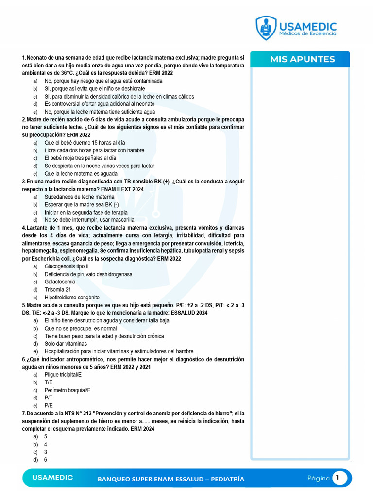 BANQUEO SUPER ENAM ESSALUD - PEDIATRIA - USAMEDIC 2024 Alumno | PDF | Diarrea | Meningitis
