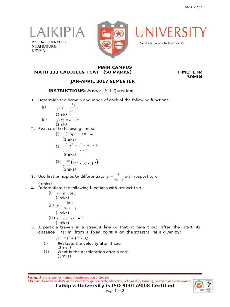 Math 111 Calculus I End of Jan-April 2017 Cat (Morning) | PDF | Acceleration | Physics