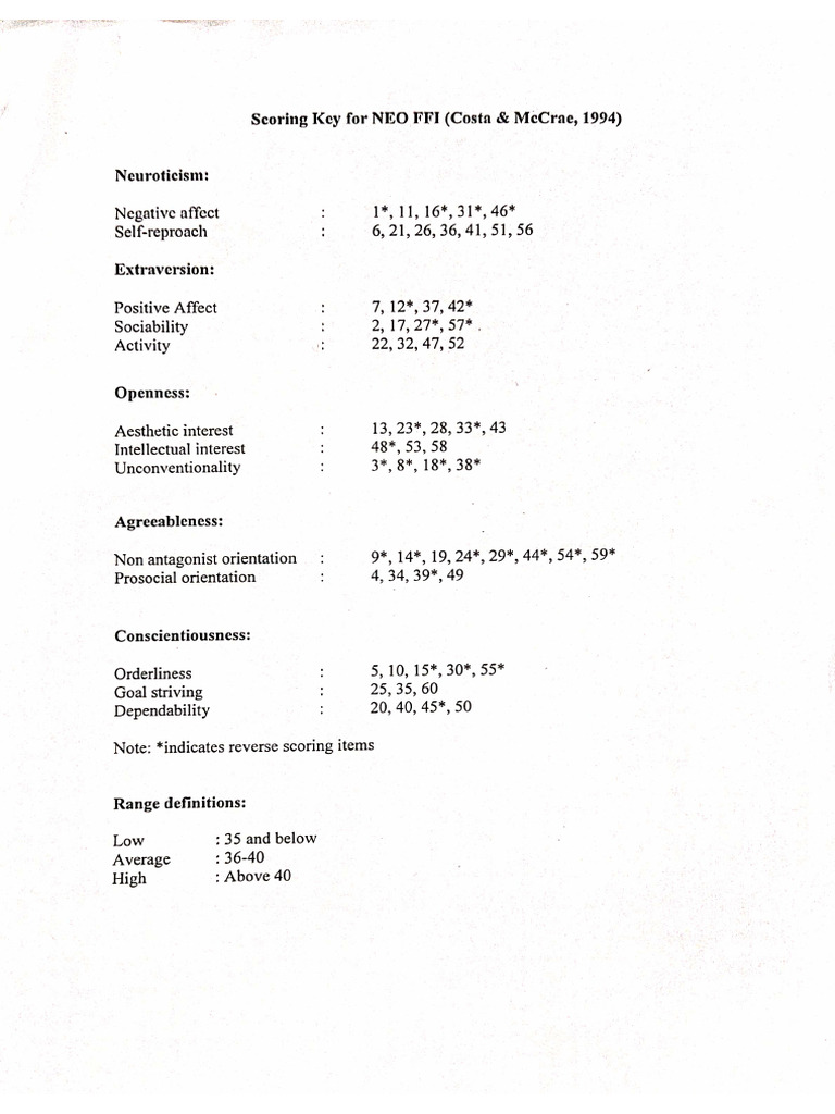 NEO FFI Scoring Key | PDF