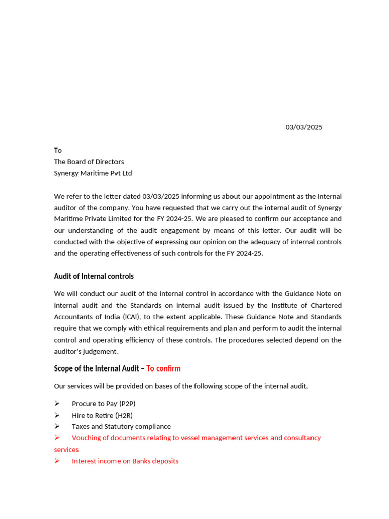 Internal Audit Engagement Confirmation | PDF | Audit | Internal Control