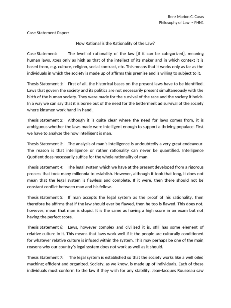 Case Statement Paper-Philo - of - Law - 1 | PDF | Rationality | Reason