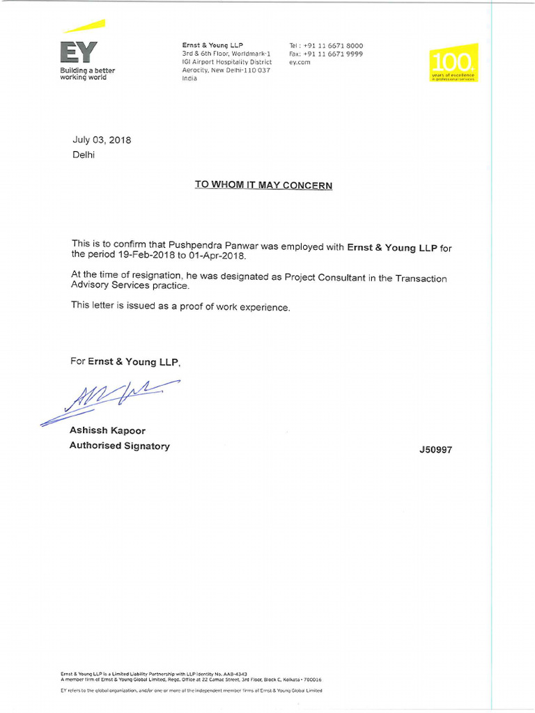 EY Experience Letter | PDF