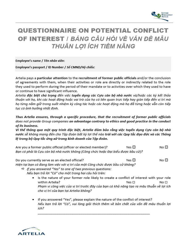 AVN_QUESTIONNAIRE_CONFLICT_INTEREST (Bilingual) | PDF
