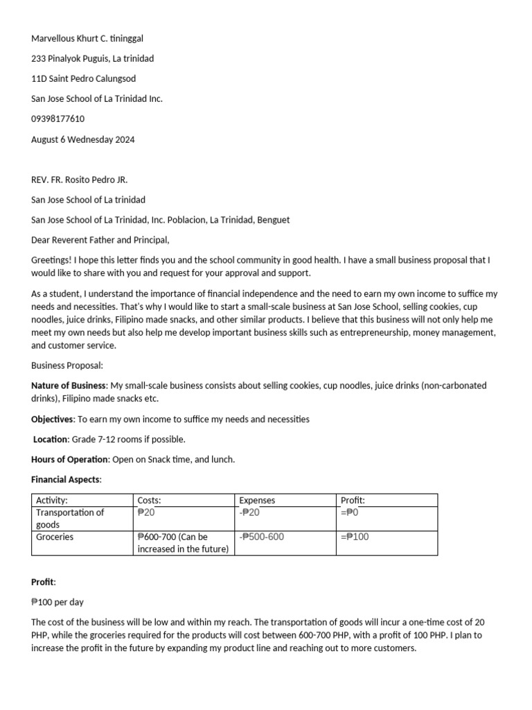 Student Business Proposal Letter | PDF