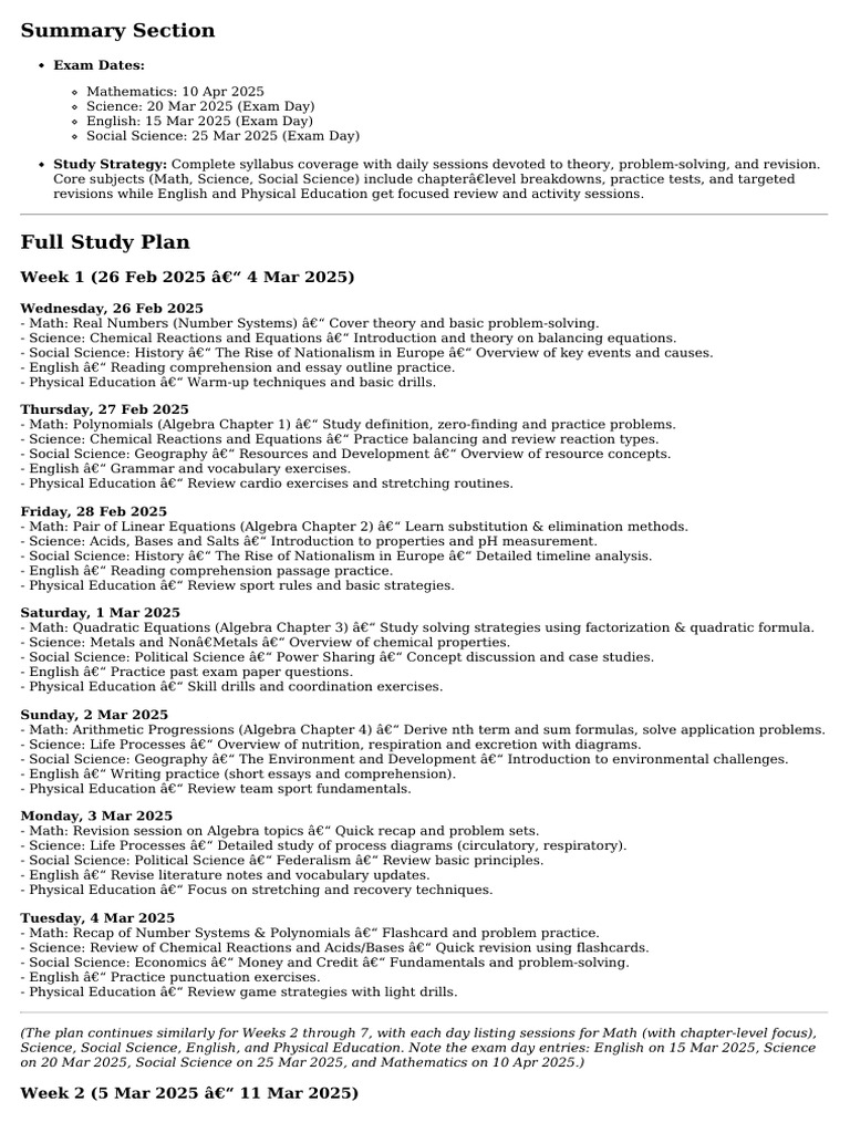 Final Study Plan 20250225 020634 | PDF | Algebra | Mathematics