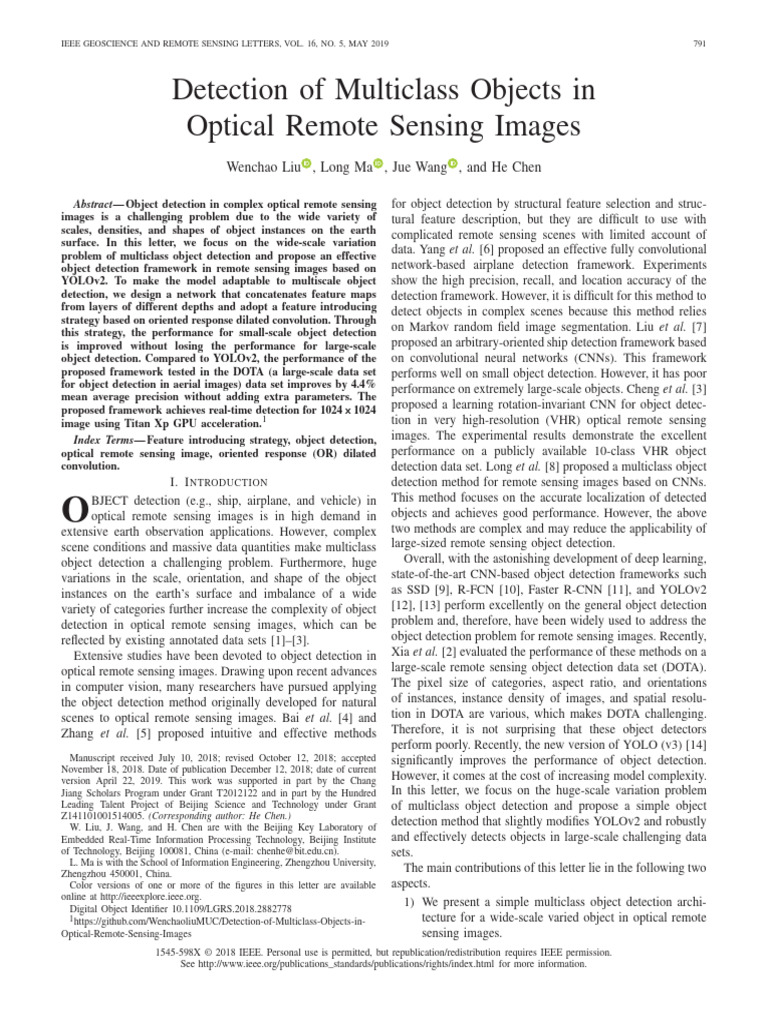 Detection of Multiclass Objects in Optical Remote Sensing Images | PDF | Remote Sensing ...