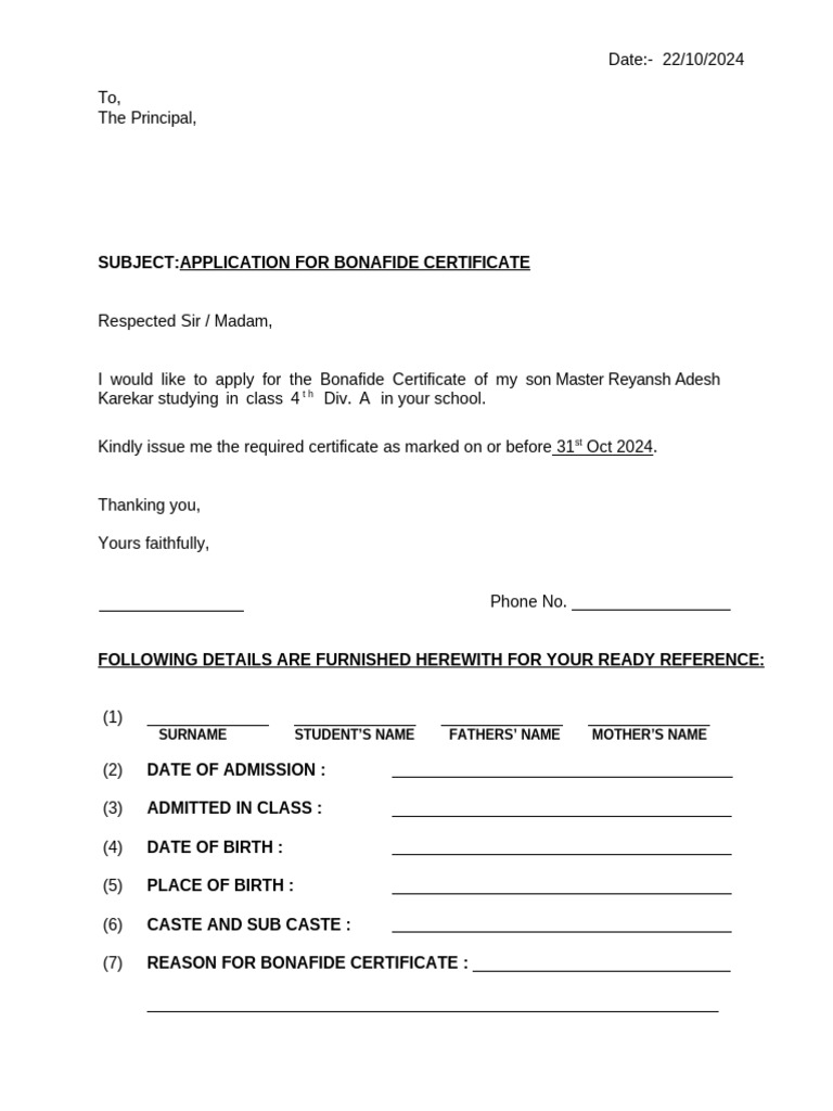 Bonafide Certificate Request for Student | PDF
