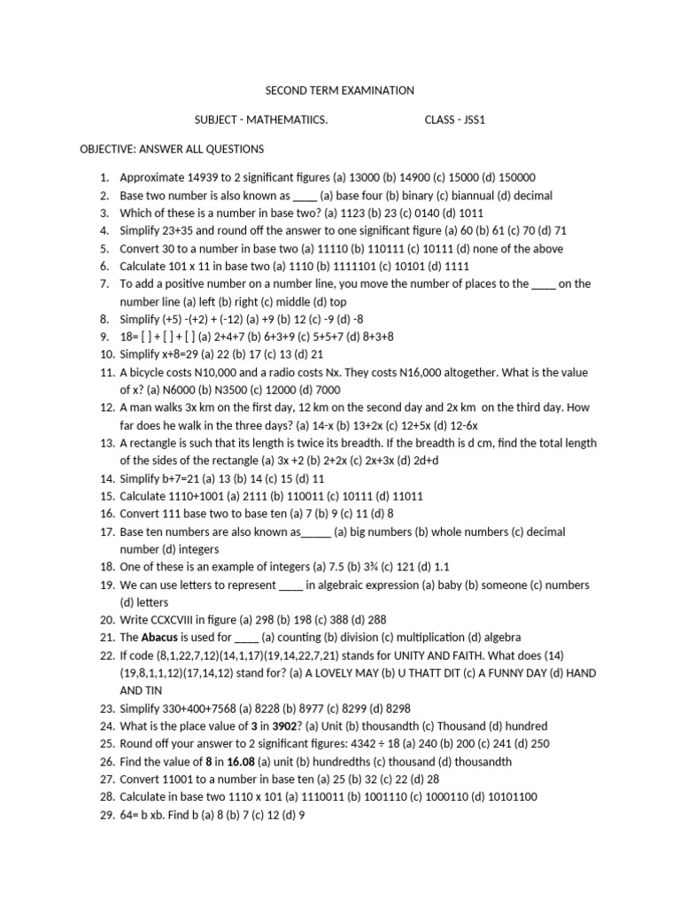 2nd Term Maths Exam JSS1 | PDF | Numbers | Decimal