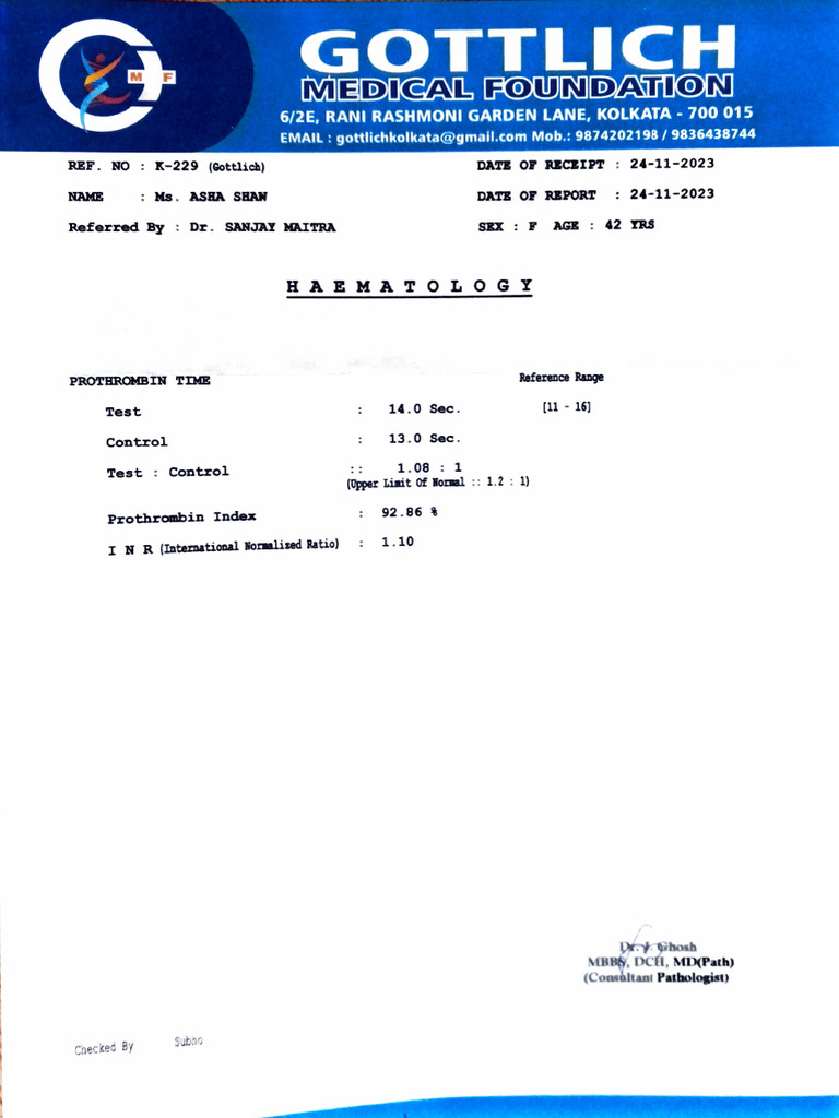 Prothrombin Test Report - Gottlich Medical | PDF