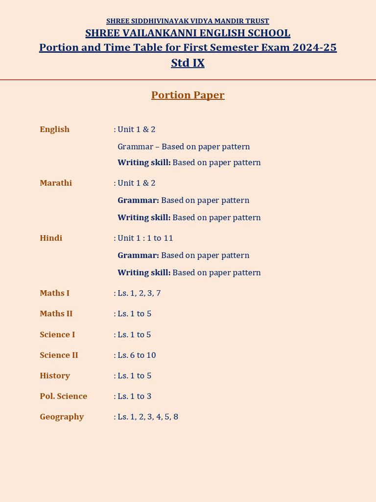 Std IX First Semester Exam Schedule | PDF
