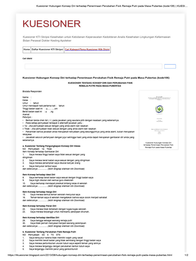 Kuesioner Hubungan Konsep Diri Terhadap Penerimaan Perubahan Fisik Remaja Putri Pada Masa ...