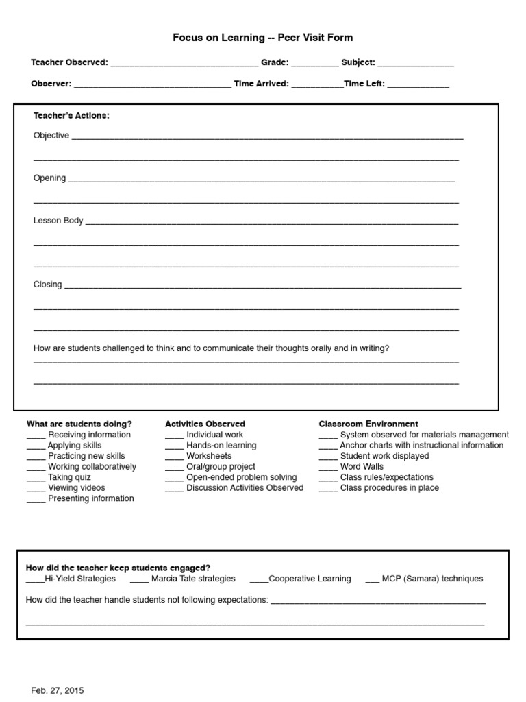 Peer Observation Form | PDF | Teachers | Learning