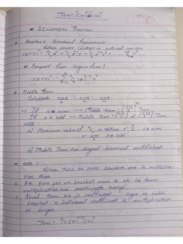 Binomial Theorem - Jee Short Notes | PDF