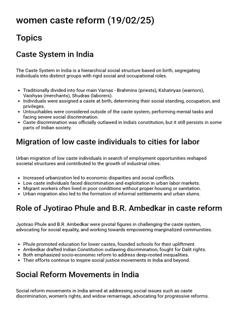 Women Caste Reform Notes For Finals | PDF | Caste | Swami Vivekananda
