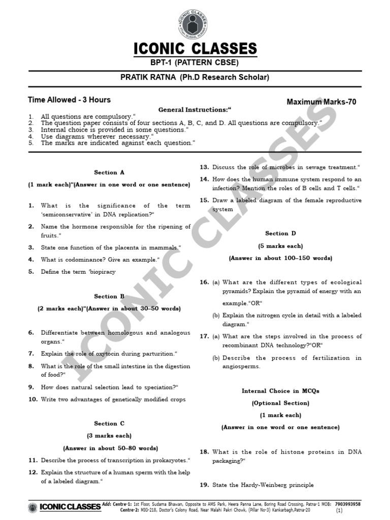 BPT-1 (Test Paper) 05-01-2025 | PDF | Cell (Biology) | Biochemistry