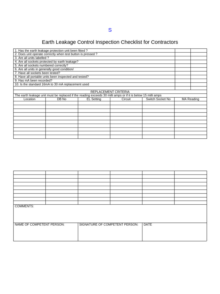 Earth Leakage Control Inspection Checklist For Contractors | PDF