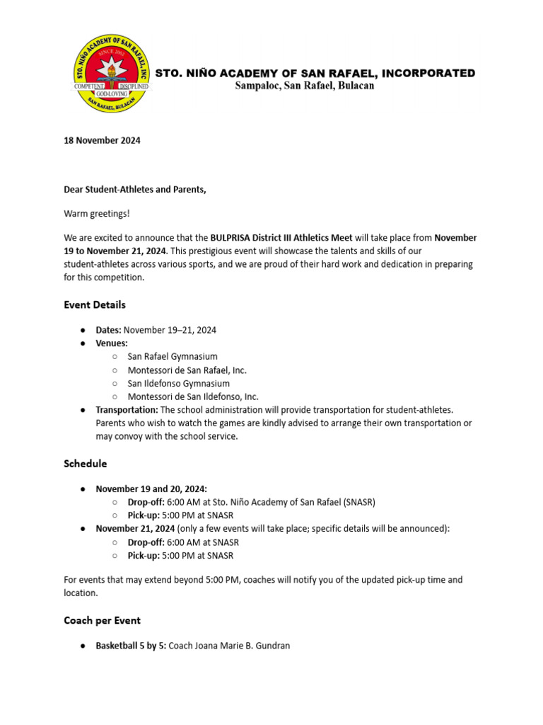 BULPRISA Atheltics Letter - 2024 2025 | PDF