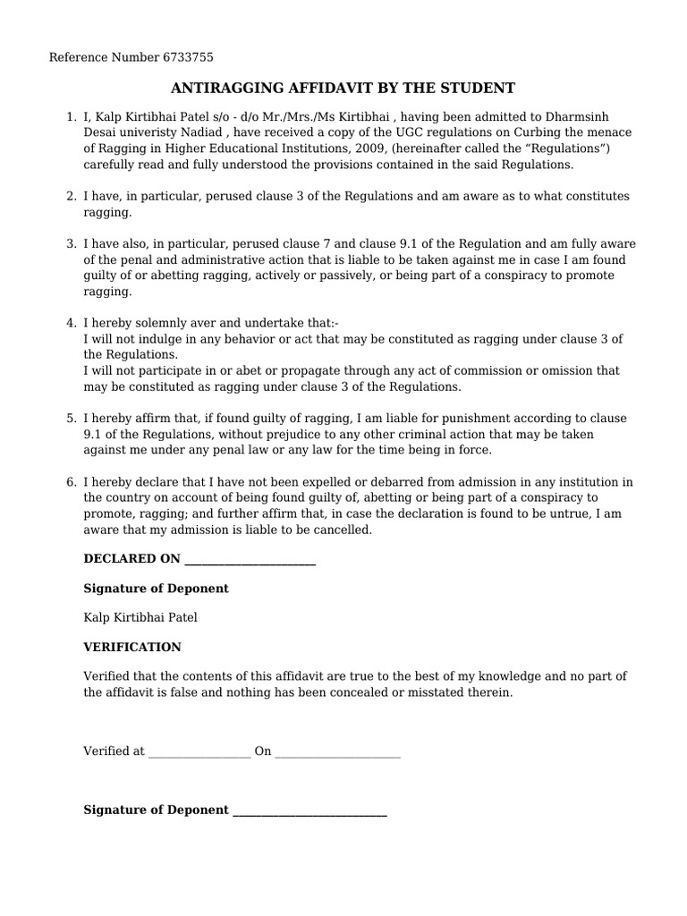 Antiraggingaffidavit - 23ecuos118 - Kalp - Patel Kalp | PDF | Affidavit ...