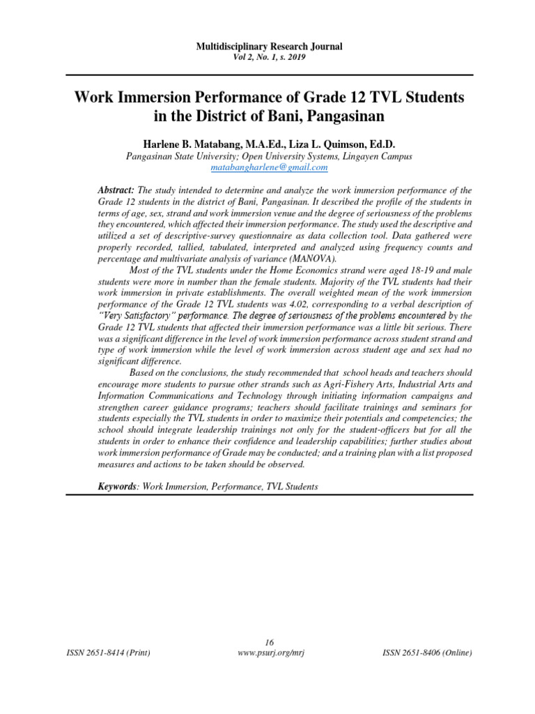 Work_Immersion_Performance_of_Grade_12_T | PDF | Cognition