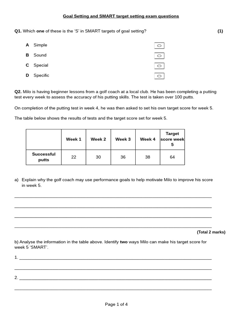 SMART Goal Setting Exam Questions | PDF | Goal Setting | Behavioural ...