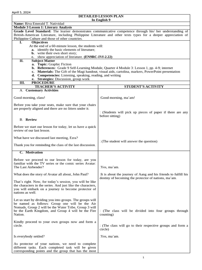 Detailed Lesson Plan-Literary Analysis | PDF