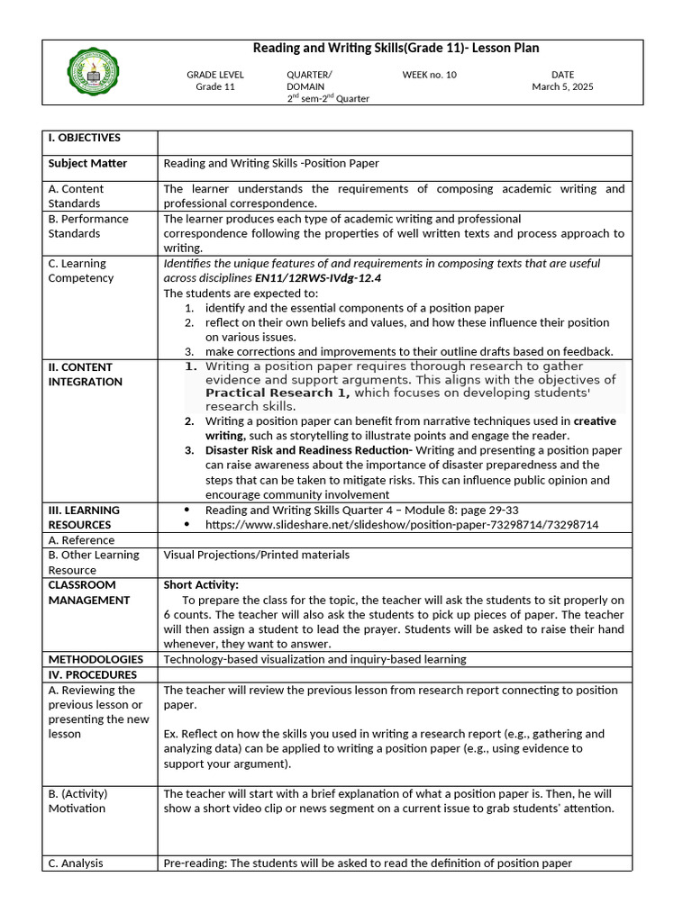 position paper lesson plan | PDF | Learning | Lesson Plan