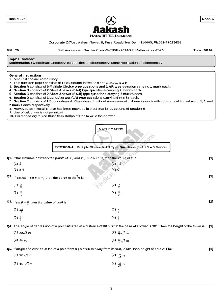 Self Assessment Test-7A (CBSE) Mathematics (C-10) (10!01!2025) | PDF