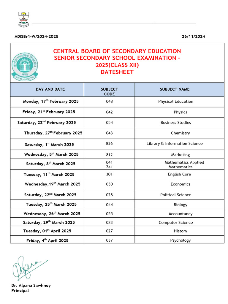CBSE GRADE XII BOARD EXAMINATION TIMETABLE 2025 | PDF