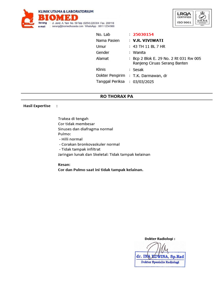 V.R. Viviwati Ro Thorax Pa | PDF