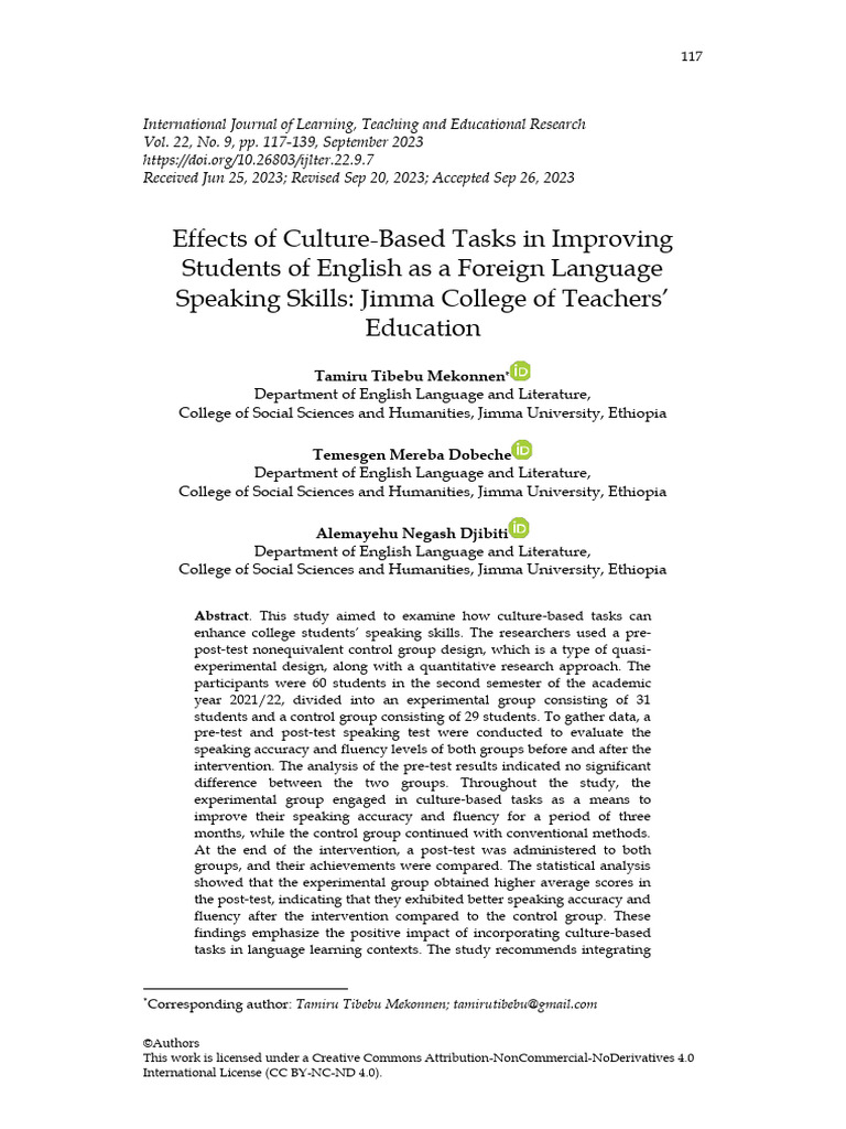 Culture-Based Tasks Enhance EFL Speaking Skills | PDF | P Value ...