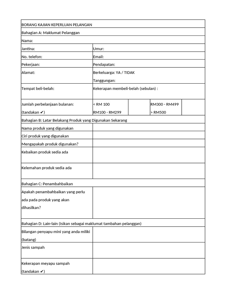 RBT Borang Kajian Keperluan Pelanggan | PDF