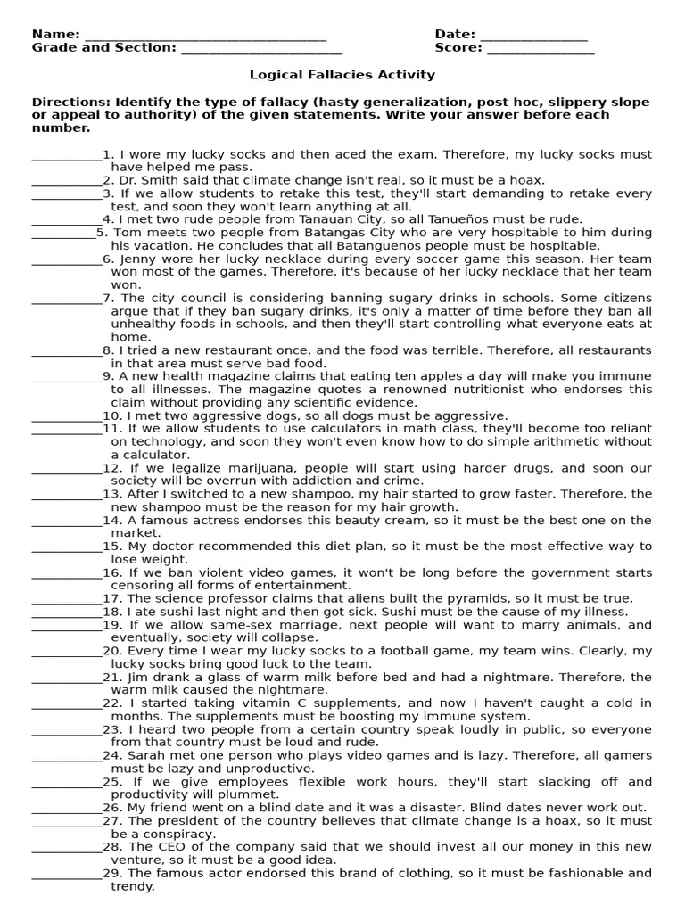 Logical Fallacies Activity Sheet | PDF