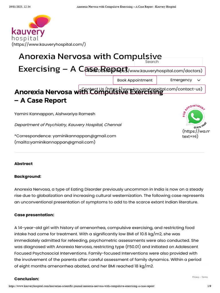 Anorexia Nervosa With Compulsive Exercising - A Case Report - Kauvery ...