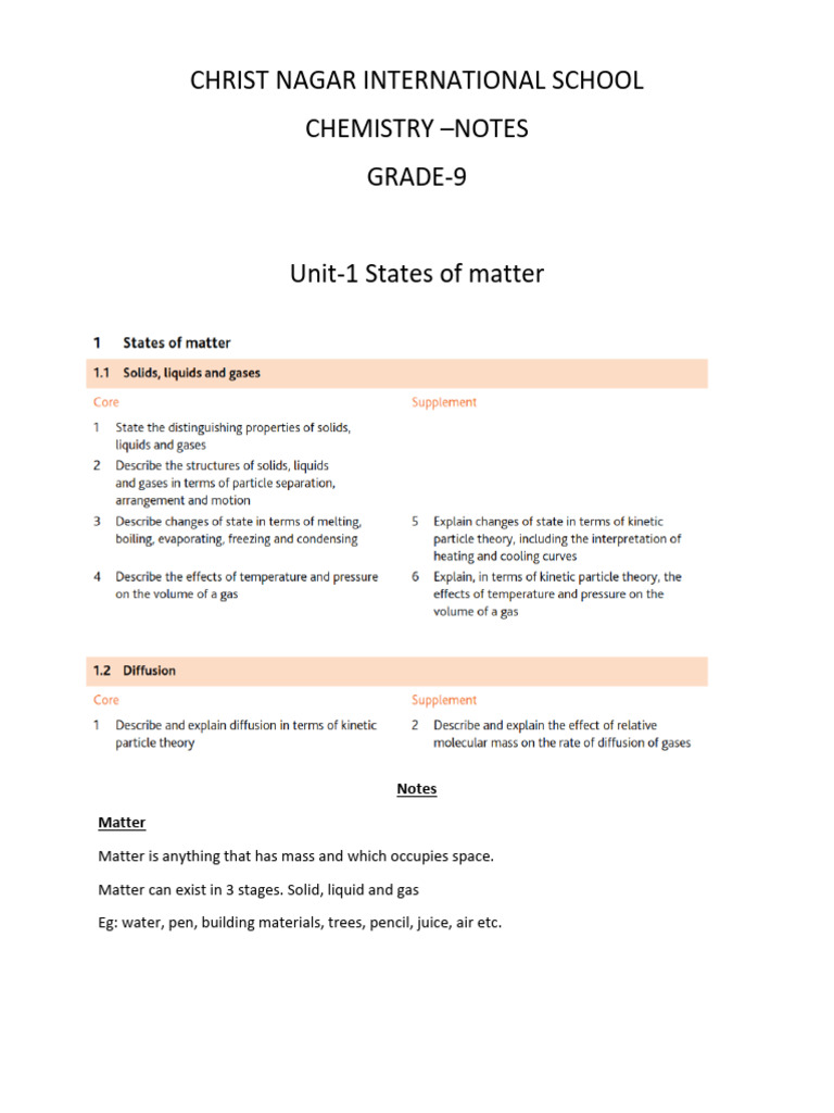 Grade 9 Chemistry: States of Matter Notes | PDF | Gases | Liquids