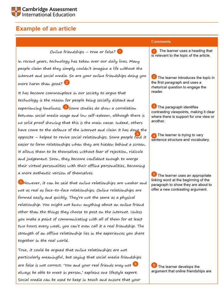 Article Writing Sample & Marking Band | PDF