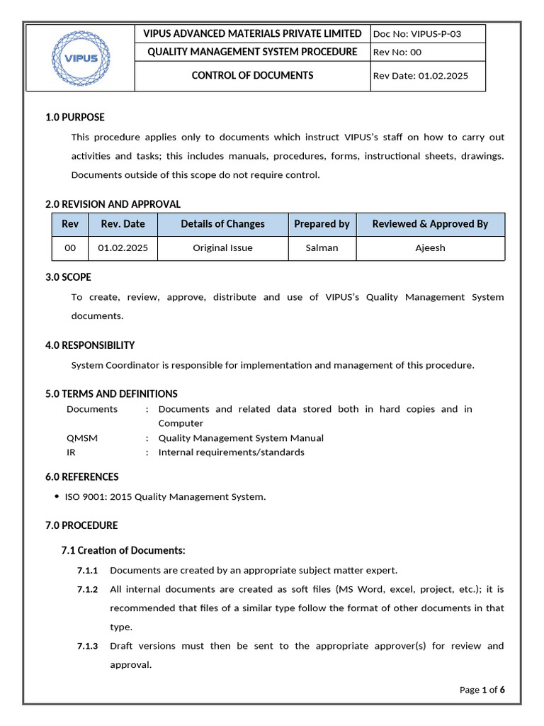 VIPUS Document Control Procedure | PDF | Computer File | Quality Management